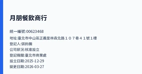 月朋餐飲商行的照片-統編 00623468(臺北市) 公司登記資料與營業項目詳細圖表