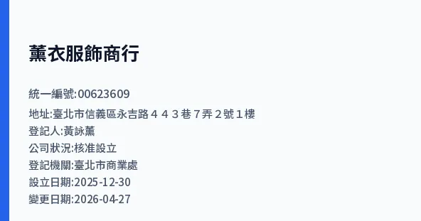 薰衣服飾商行的照片-統編 00623609(臺北市) 公司登記資料與營業項目詳細圖表