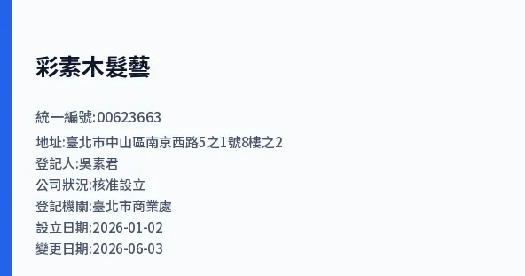 彩素木髮藝的照片-統編 00623663(臺北市) 公司登記資料與營業項目詳細圖表