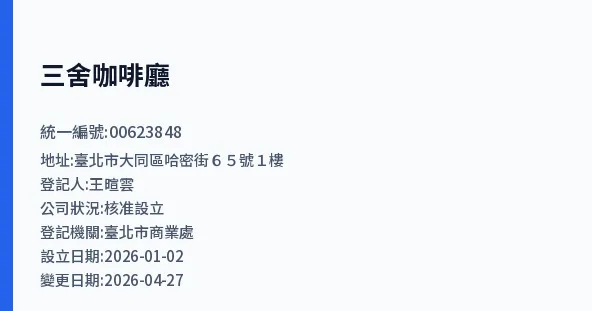 三舍咖啡廳的照片-統編 00623848(臺北市) 公司登記資料與營業項目詳細圖表