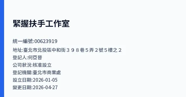 緊握扶手工作室的照片-統編 00623919(臺北市) 公司登記資料與營業項目詳細圖表