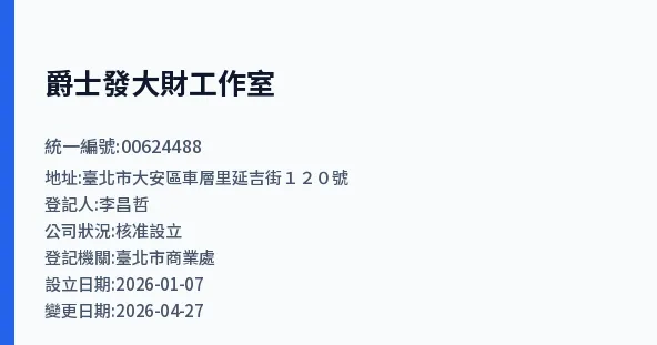 爵士發大財工作室的照片-統編 00624488(臺北市) 公司登記資料與營業項目詳細圖表