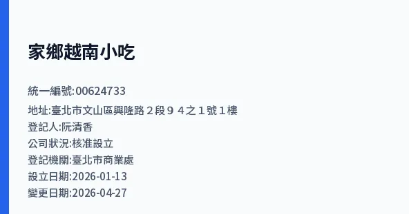 家鄉越南小吃的照片-統編 00624733(臺北市) 公司登記資料與營業項目詳細圖表
