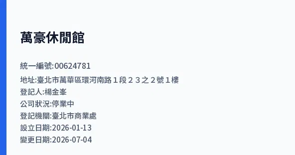 萬豪休閒館的照片-統編 00624781(臺北市) 公司登記資料與營業項目詳細圖表