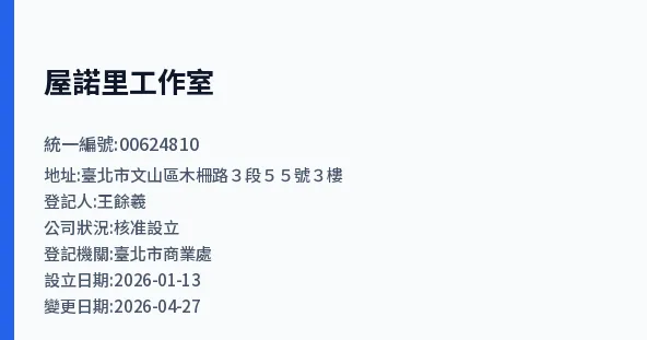 屋諾里工作室的照片-統編 00624810(臺北市) 公司登記資料與營業項目詳細圖表