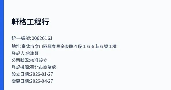 軒格工程行的照片-統編 00626161(臺北市) 公司登記資料與營業項目詳細圖表