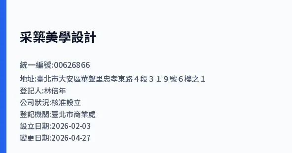 采築美學設計的照片-統編 00626866(臺北市) 公司登記資料與營業項目詳細圖表
