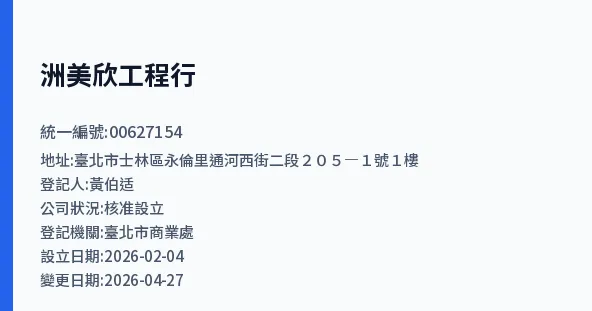 洲美欣工程行的照片-統編 00627154(臺北市) 公司登記資料與營業項目詳細圖表