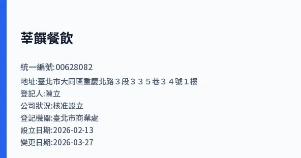 莘饌餐飲的照片-統編 00628082(臺北市) 公司登記資料與營業項目詳細圖表