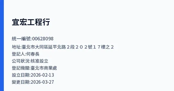 宜宏工程行的照片-統編 00628098(臺北市) 公司登記資料與營業項目詳細圖表