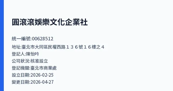 圓滾滾娛樂文化企業社的照片-統編 00628512(臺北市) 公司登記資料與營業項目詳細圖表
