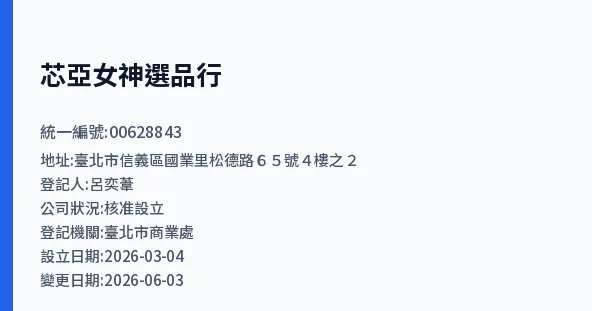芯亞女神選品行的照片-統編 00628843(臺北市) 公司登記資料與營業項目詳細圖表