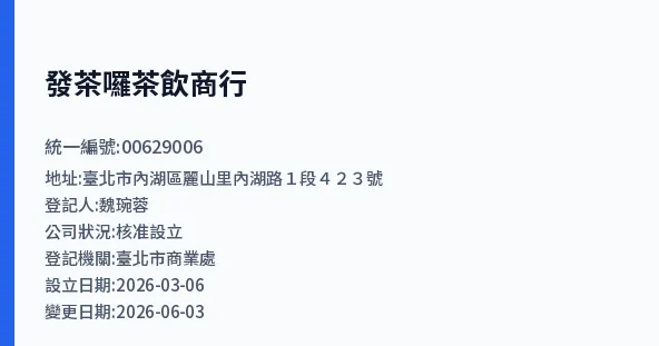發茶囉茶飲商行的照片-統編 00629006(臺北市) 公司登記資料與營業項目詳細圖表