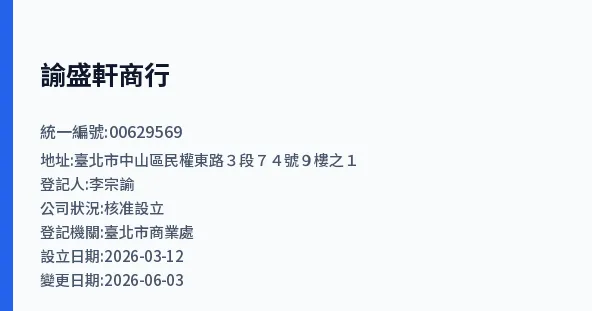 諭盛軒商行的照片-統編 00629569(臺北市) 公司登記資料與營業項目詳細圖表