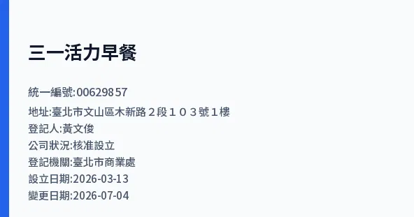 三一活力早餐的照片-統編 00629857(臺北市) 公司登記資料與營業項目詳細圖表