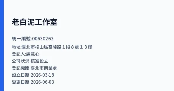 老白泥工作室的照片-統編 00630263(臺北市) 公司登記資料與營業項目詳細圖表