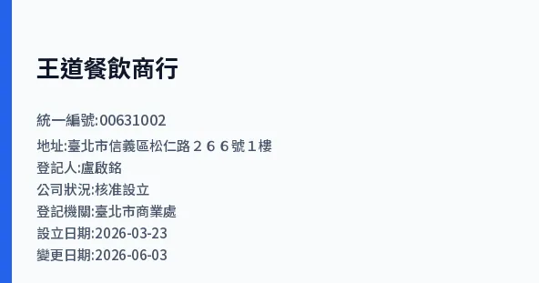 王道餐飲商行的照片-統編 00631002(臺北市) 公司登記資料與營業項目詳細圖表