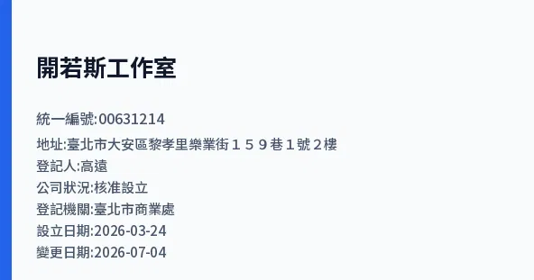 開若斯工作室的照片-統編 00631214(臺北市) 公司登記資料與營業項目詳細圖表