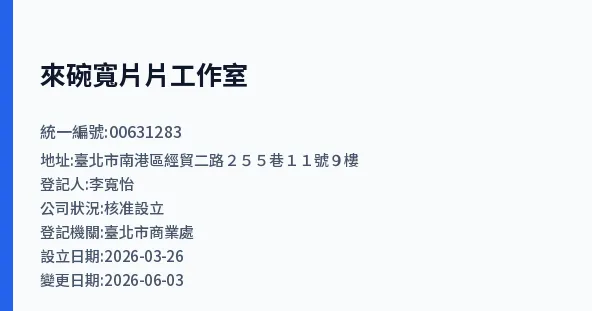 來碗寬片片工作室的照片-統編 00631283(臺北市) 公司登記資料與營業項目詳細圖表
