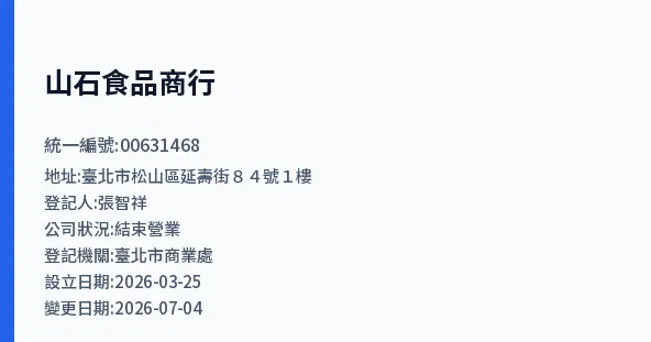 山石食品商行的照片-統編 00631468(臺北市) 公司登記資料與營業項目詳細圖表