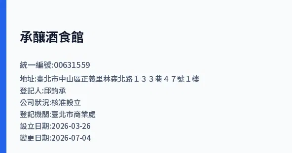 承釀酒食館的照片-統編 00631559(臺北市) 公司登記資料與營業項目詳細圖表