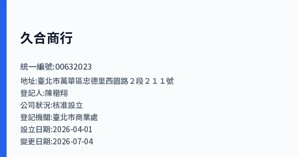 久合商行的照片-統編 00632023(臺北市) 公司登記資料與營業項目詳細圖表