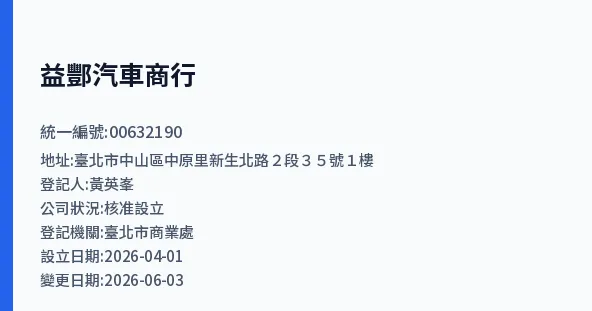 益酆汽車商行的照片-統編 00632190(臺北市) 公司登記資料與營業項目詳細圖表