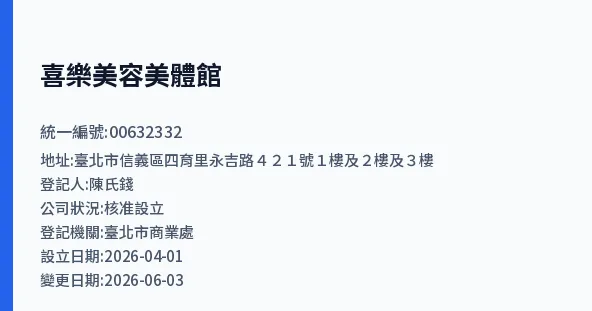 喜樂美容美體館的照片-統編 00632332 公司登記資料與營業項目詳細圖表