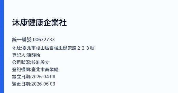沐康健康企業社的照片-統編 00632733(臺北市) 公司登記資料與營業項目詳細圖表