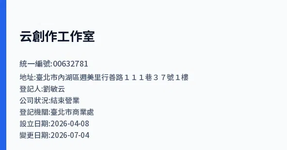云創作工作室的照片-統編 00632781(臺北市) 公司登記資料與營業項目詳細圖表