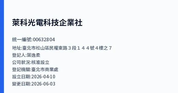 萊科光電科技企業社的照片-統編 00632804(臺北市) 公司登記資料與營業項目詳細圖表