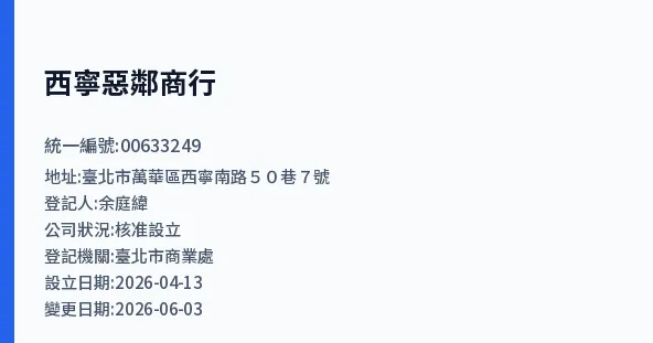 西寧惡鄰商行的照片-統編 00633249(臺北市) 公司登記資料與營業項目詳細圖表