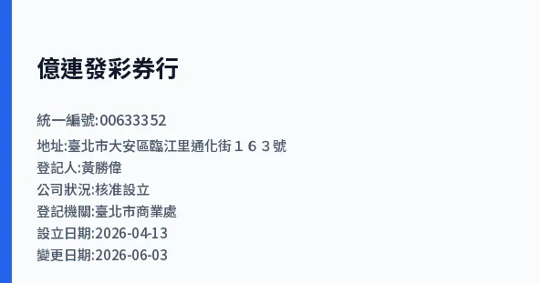 億連發彩券行的照片-統編 00633352(臺北市) 公司登記資料與營業項目詳細圖表