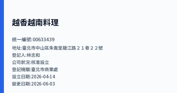 越香越南料理的照片-統編 00633439 公司登記資料與營業項目詳細圖表