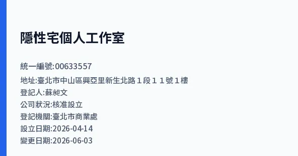 隱性宅個人工作室的照片-統編 00633557 公司登記資料與營業項目詳細圖表