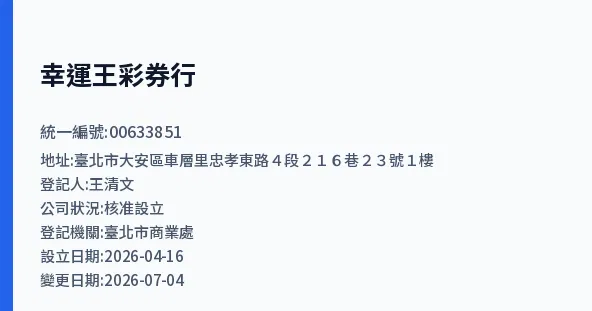 幸運王彩券行的照片-統編 00633851 公司登記資料與營業項目詳細圖表
