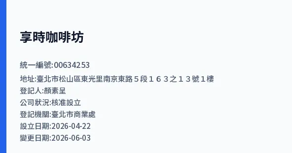 享時咖啡坊的照片-統編 00634253(臺北市) 公司登記資料與營業項目詳細圖表