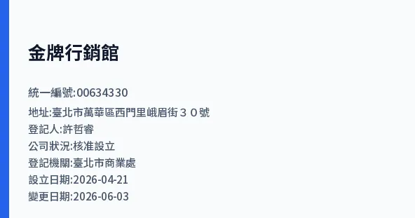 金牌行銷館的照片-統編 00634330(臺北市) 公司登記資料與營業項目詳細圖表