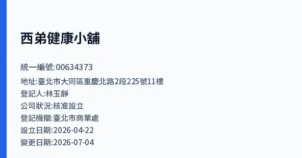 西弟健康小舖的照片-統編 00634373(臺北市) 公司登記資料與營業項目詳細圖表