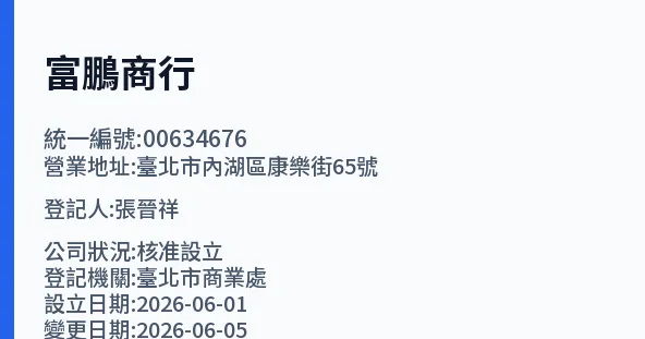 富鵬商行的照片-統編 00634676(臺北市) 公司登記資料與營業項目詳細圖表