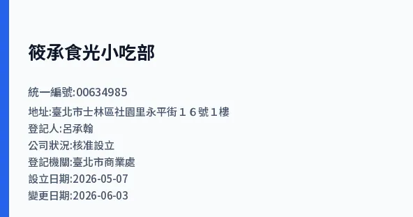 筱承食光小吃部的照片-統編 00634985(臺北市) 公司登記資料與營業項目詳細圖表