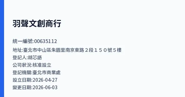 羽聲文創商行的照片-統編 00635112(臺北市) 公司登記資料與營業項目詳細圖表