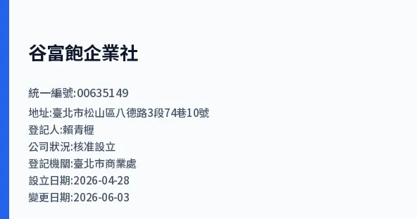 谷富飽企業社的照片-統編 00635149(臺北市) 公司登記資料與營業項目詳細圖表