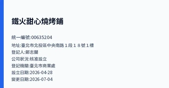 鐵火甜心燒烤鋪的照片-統編 00635204(臺北市) 公司登記資料與營業項目詳細圖表