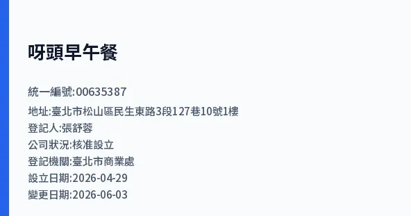呀頭早午餐的照片-統編 00635387(臺北市) 公司登記資料與營業項目詳細圖表