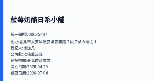 藍莓奶酪日系小舖的照片-統編 00635437(臺北市) 公司登記資料與營業項目詳細圖表
