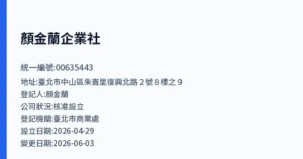 顏金蘭企業社的照片-統編 00635443(臺北市) 公司登記資料與營業項目詳細圖表
