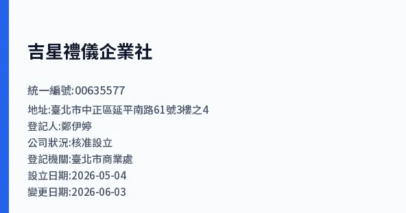 吉星禮儀企業社的照片-統編 00635577(臺北市) 公司登記資料與營業項目詳細圖表