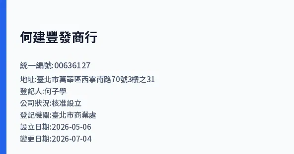 何建豐發商行的照片-統編 00636127(臺北市) 公司登記資料與營業項目詳細圖表