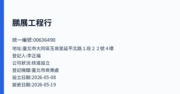 鵬展工程行的照片-統編 00636490(臺北市) 公司登記資料與營業項目詳細圖表